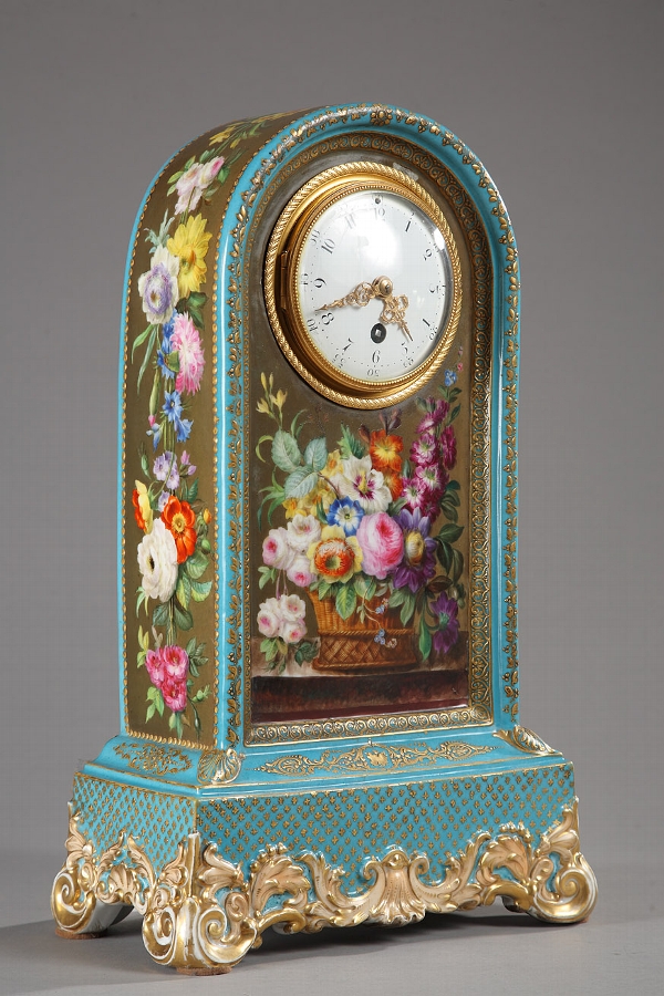 Antique French mantle clock in porcelain enameled with flowers in the ...